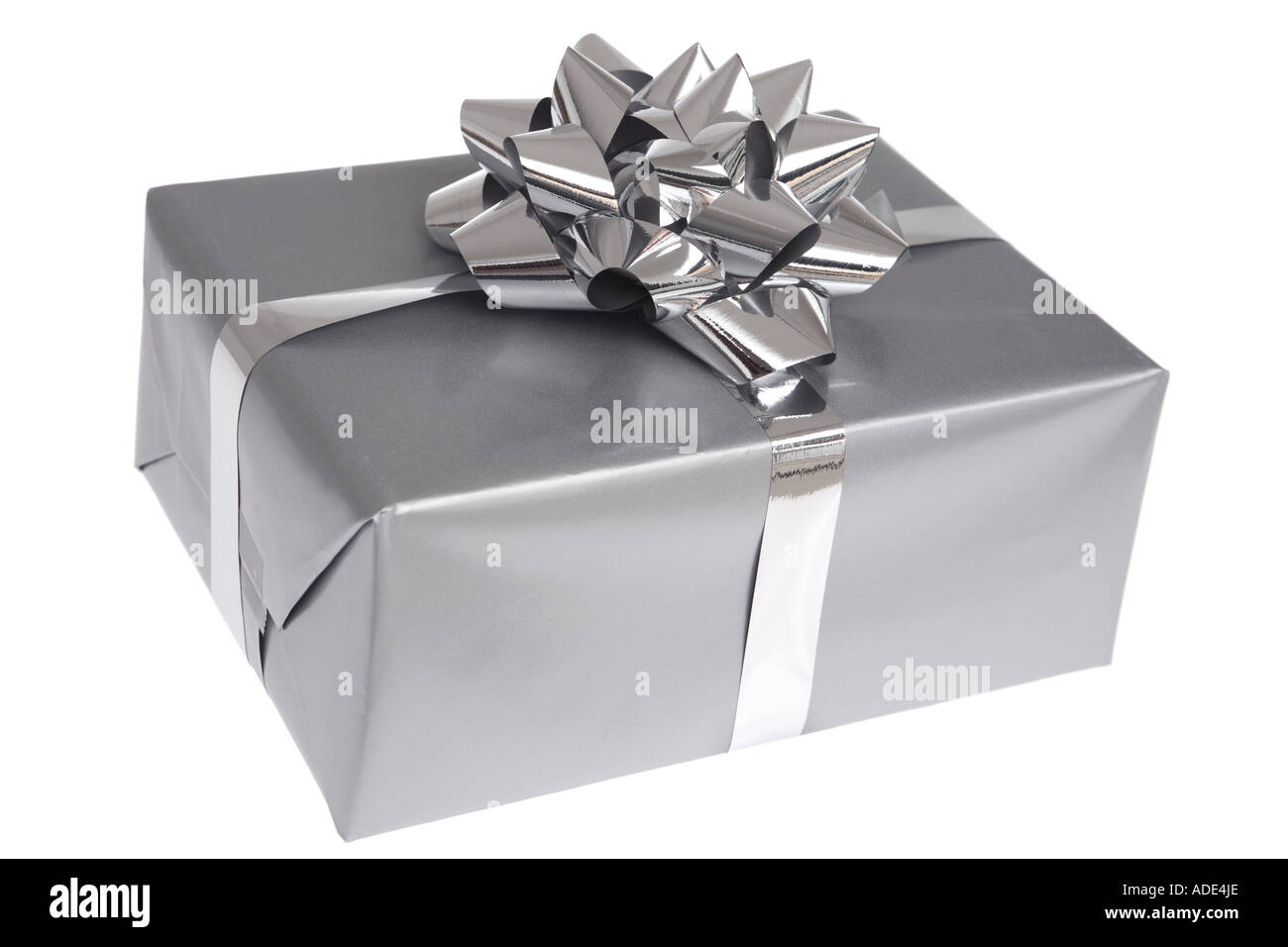 Silver present with ribbon and bow Stock Photo - Alamy