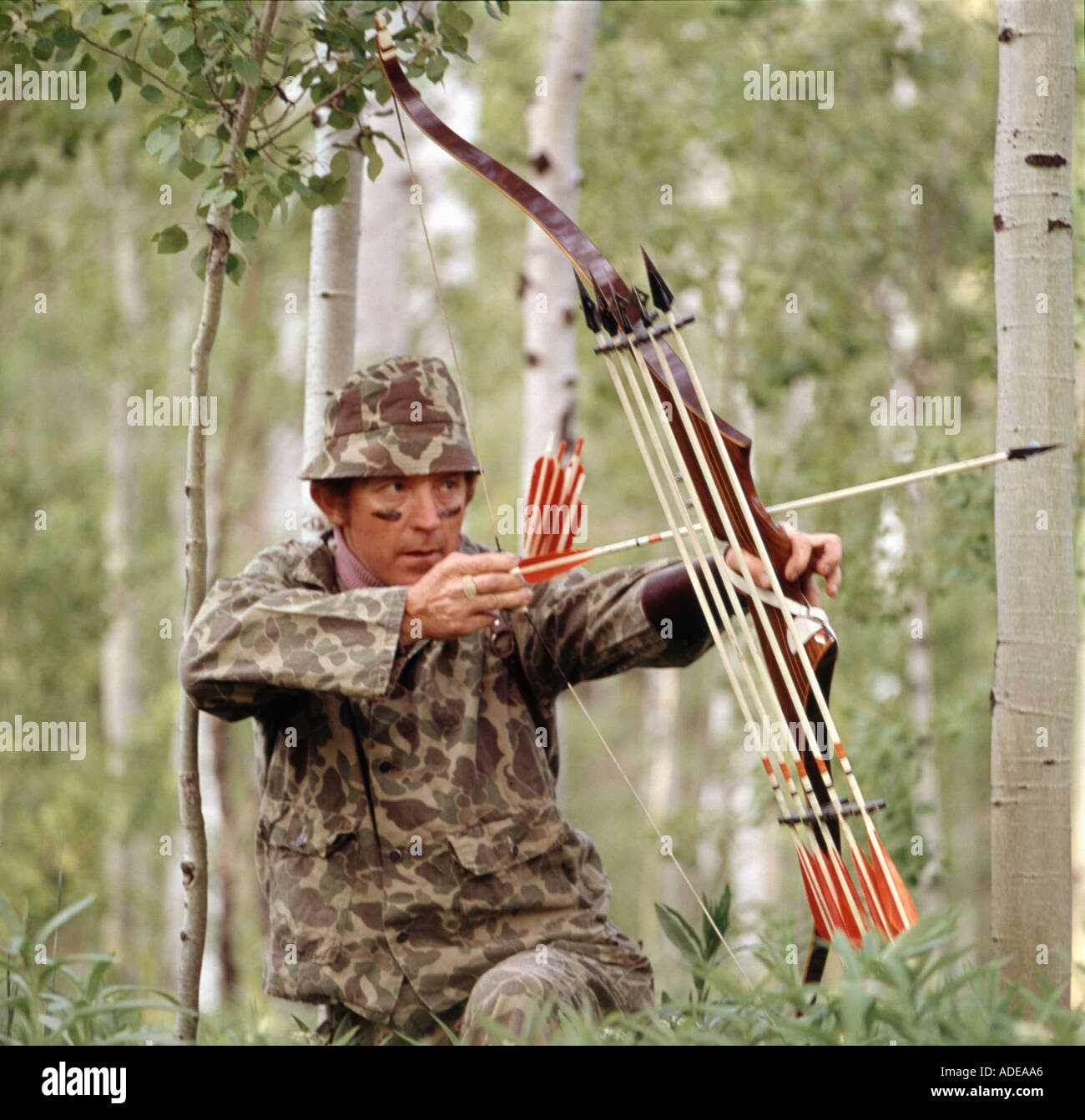 Bow hunter dressed in camouflage outfit hunting in a heavily forested ...
