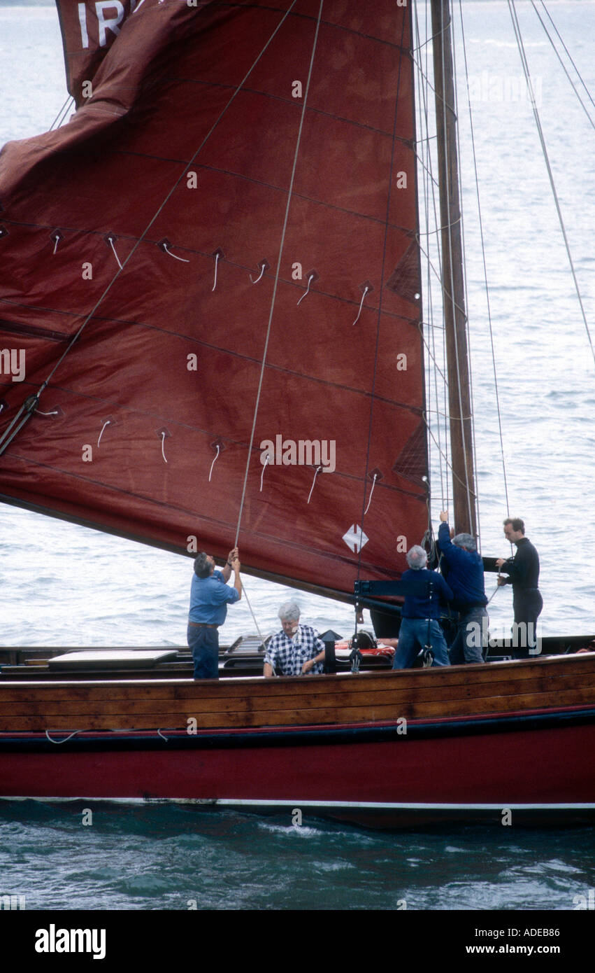 Lowering the gaff main sail on the 1910 Manx or Lancashire Nobby ...