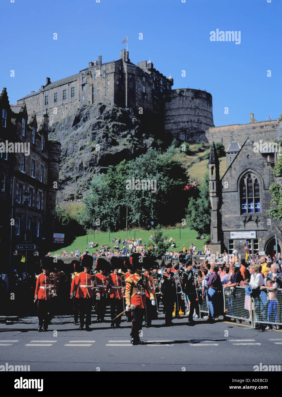 Army band with Edinburgh Castle beyond, Grassmarket, Edinburgh, Lothian ...