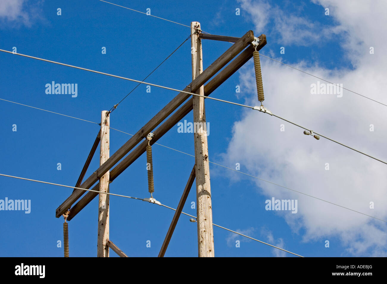 High tension power pole and line shot against a blue sky with white ...