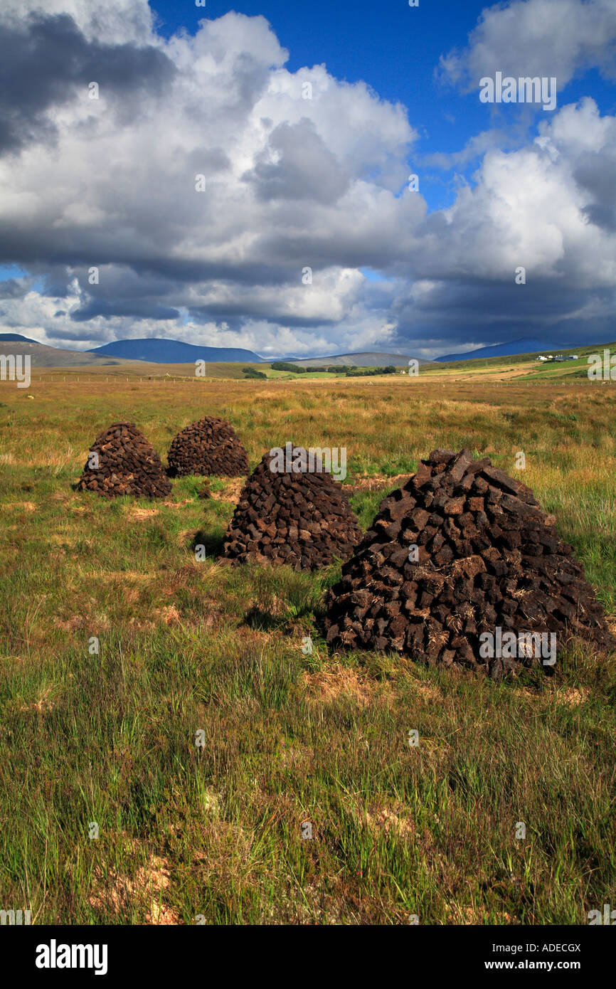 Hand cut turf stacked for drying, Ballycroy, County Mayo, Ireland Stock ...
