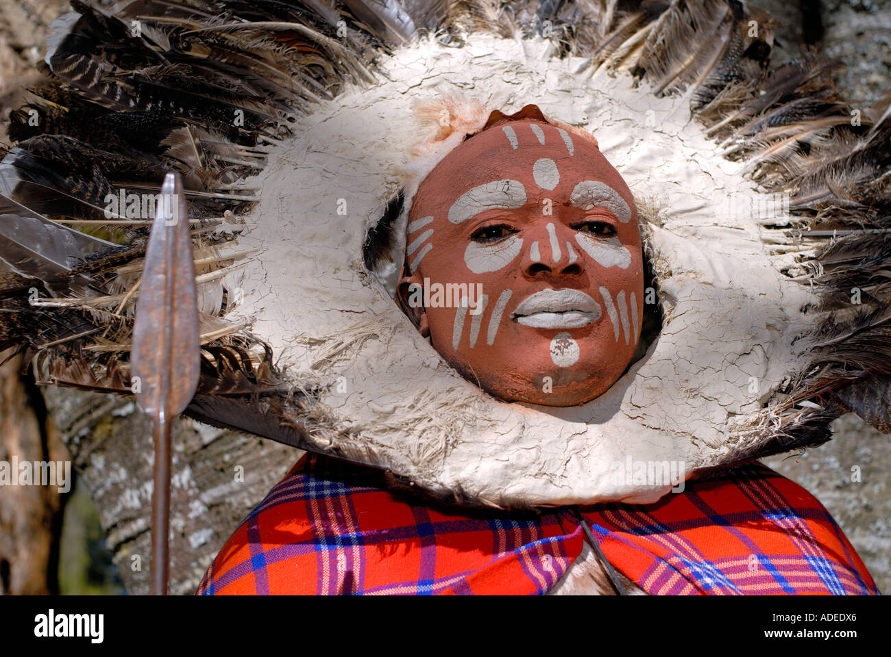 Portrait of Traditional Kikuyu dancer with spear and headdress made of ...