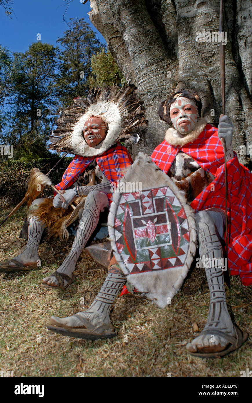Kikuyu dancers wearing traditional costumes sitting under tree Kenya ...