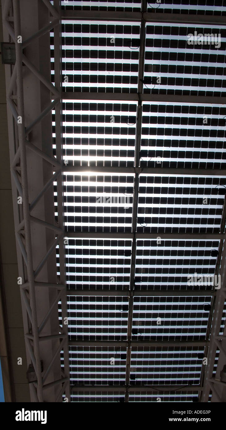 Photo voltaic cells on the roof of a modern building at the science ...