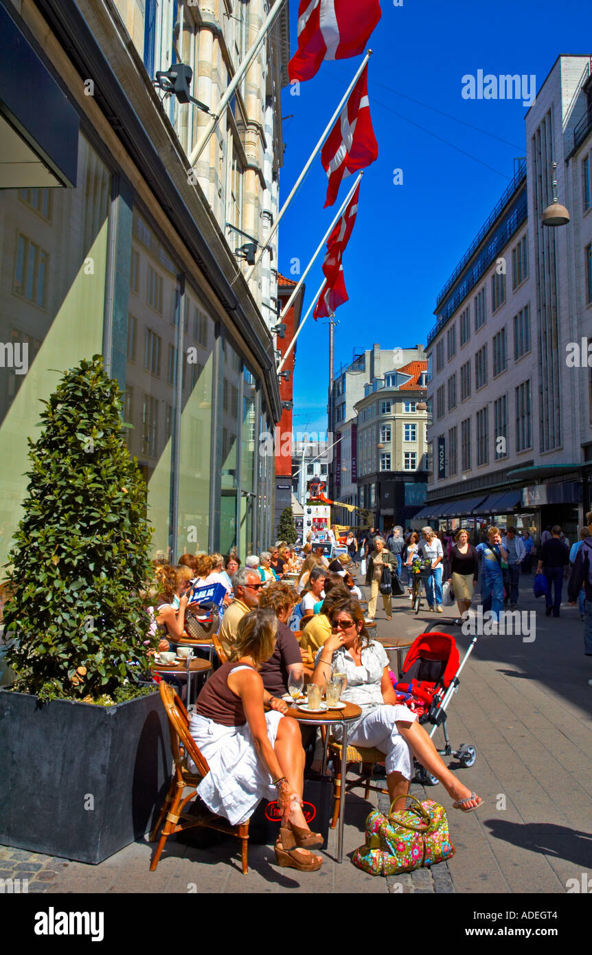 Cafe terraces along Stroget pedestrian street central Copenhagen ...