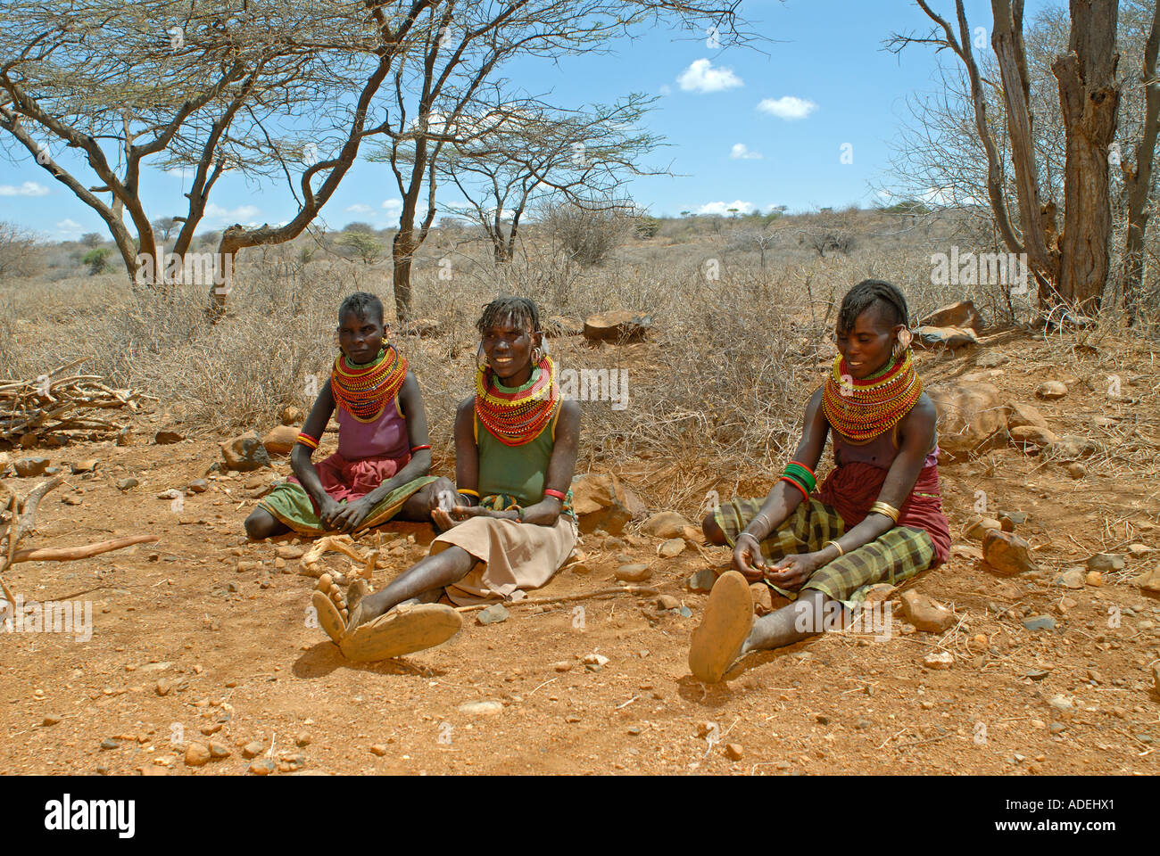 Three Turkana women wearing colorful bead necklaces Northern Kenya ...
