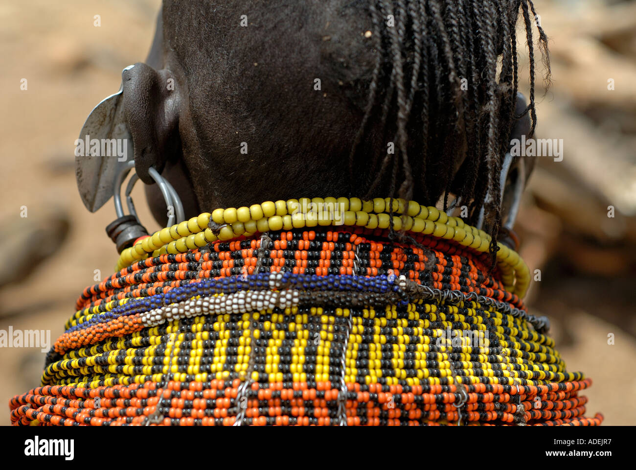 Turkana woman wearing typical tribal hair dress and bead ornaments ...