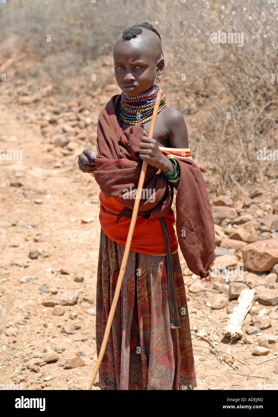 Little Turkana boy wearing typical tribal hairstyle and bead ornaments ...