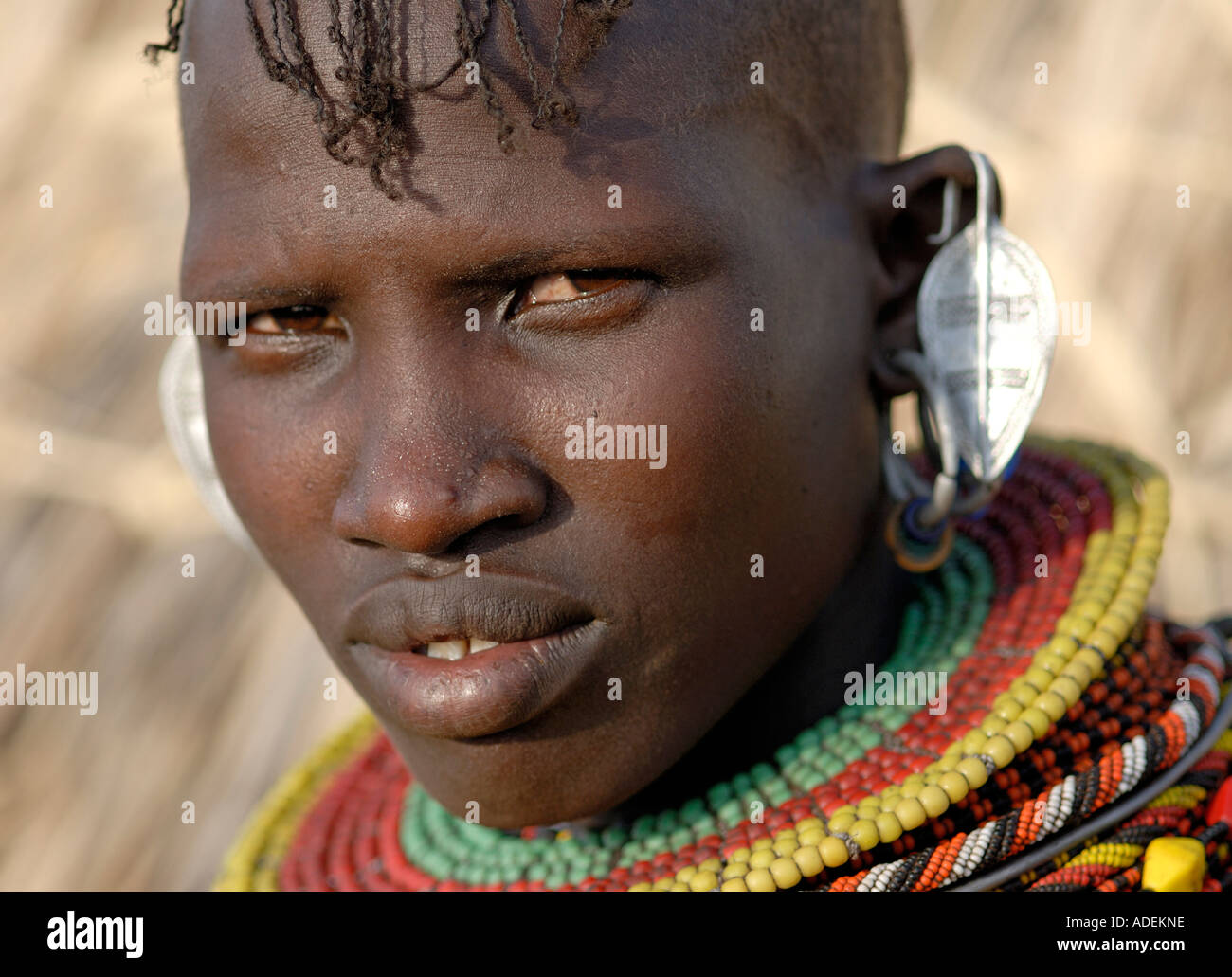 Close up portrait of Turkana girl with traditional hairstyle and bead ...