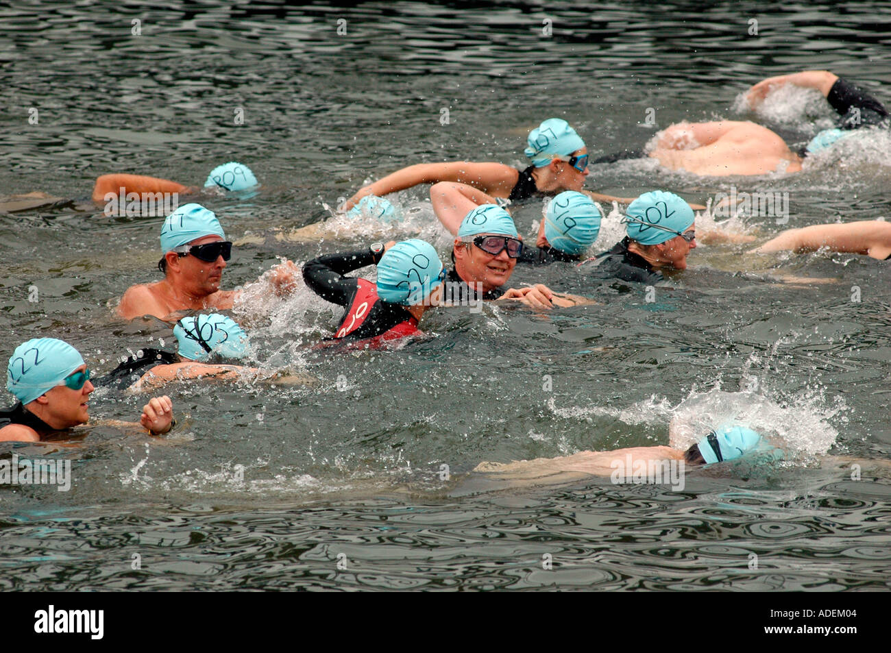 At the Race for the River swimming race competitors swim in the Hudson ...