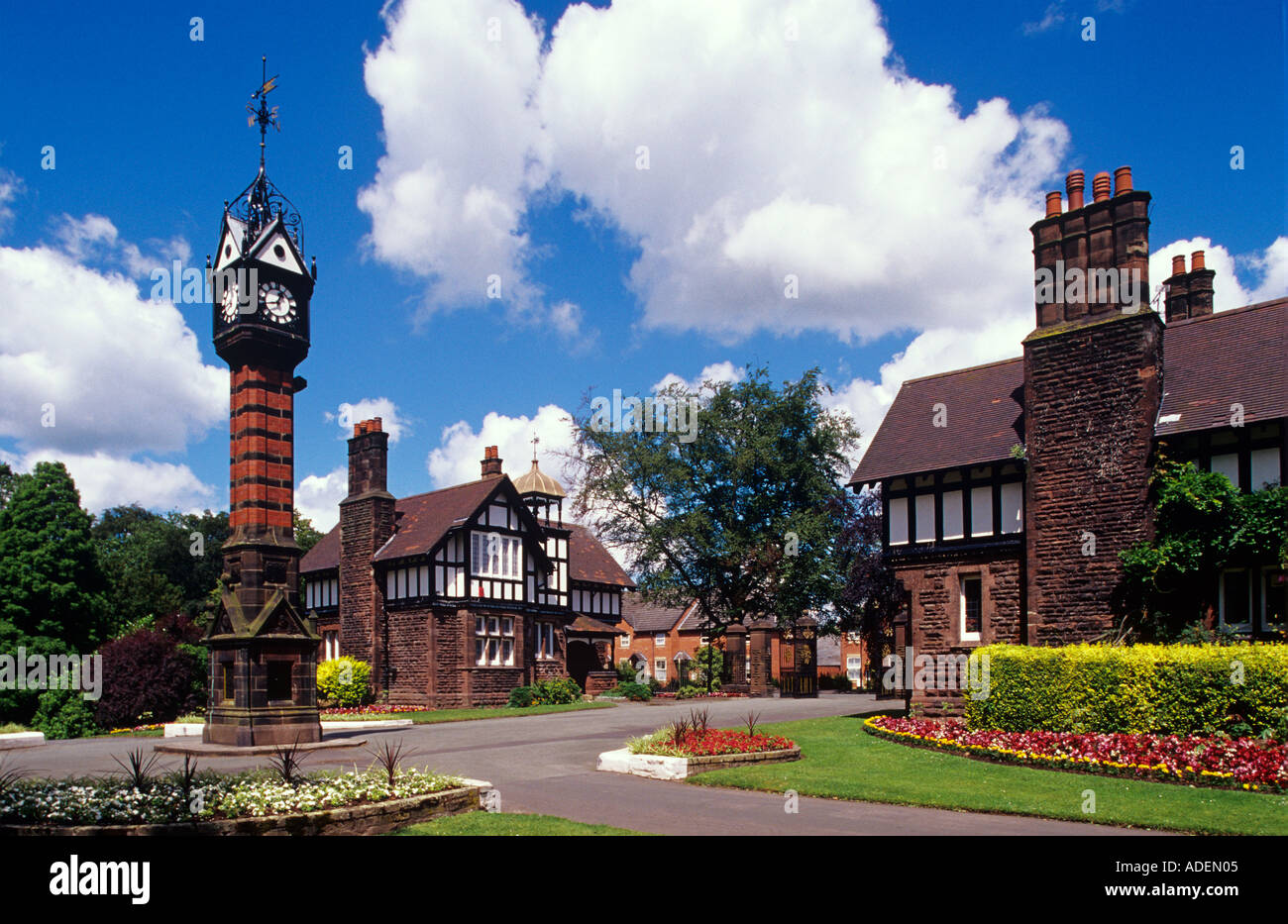 The Lodges and clocktower in Queens park Crewe Cheshire UK Stock Photo ...