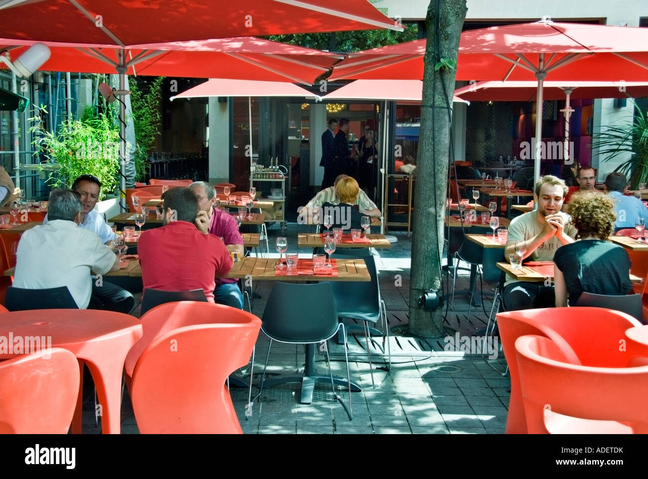 Reims France, People at tables umbrellas, Outside, Sharing Drinks in ...