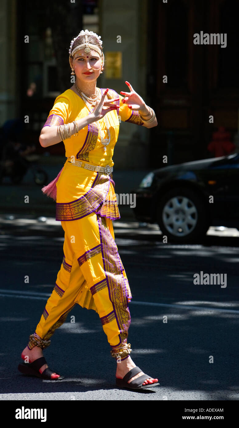 Female Hare Krishna dancer taking part in summer parade through the ...