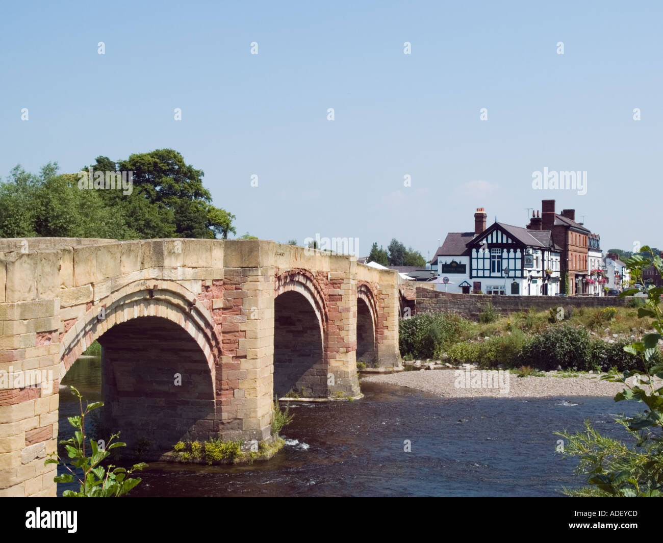 FIVE ARCHED OLD STONE BRIDGE 1660 and view of village Bangor-is-y-Coed ...