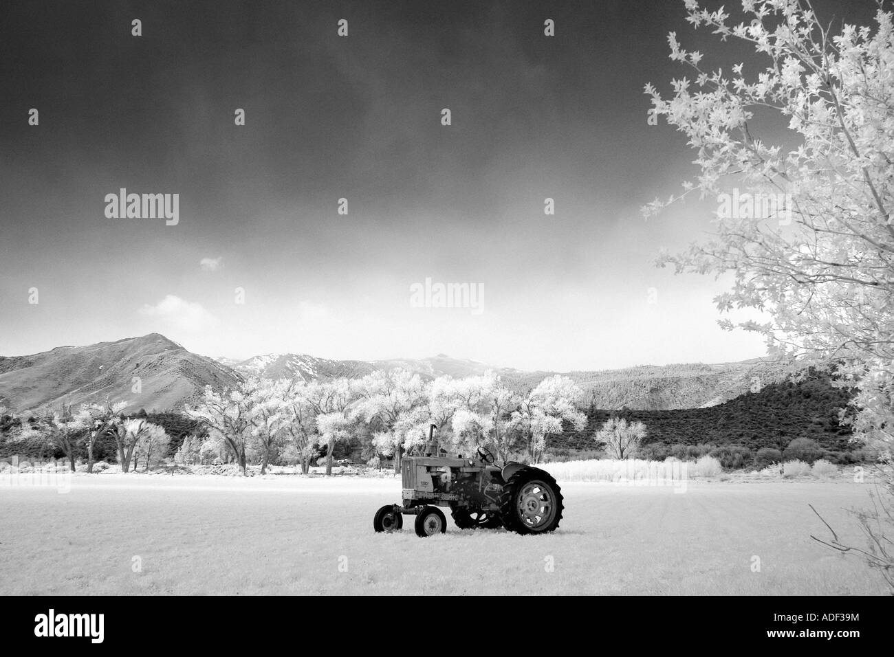 Landscape with Tractor, B&W Infrared Stock Photo - Alamy