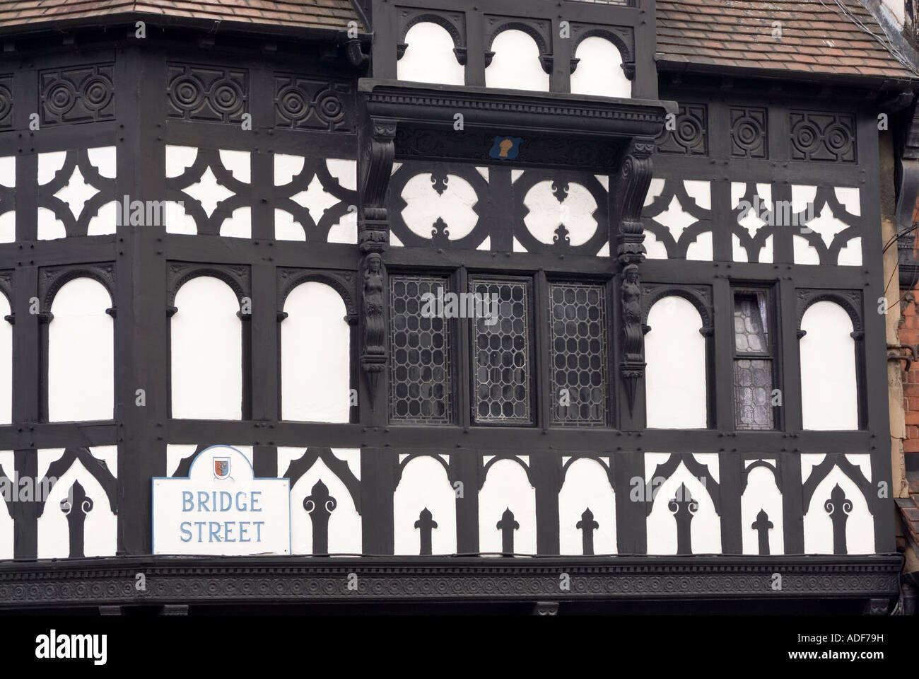 Half timbered Tudor facade on buildings at High Cross in the historic ...