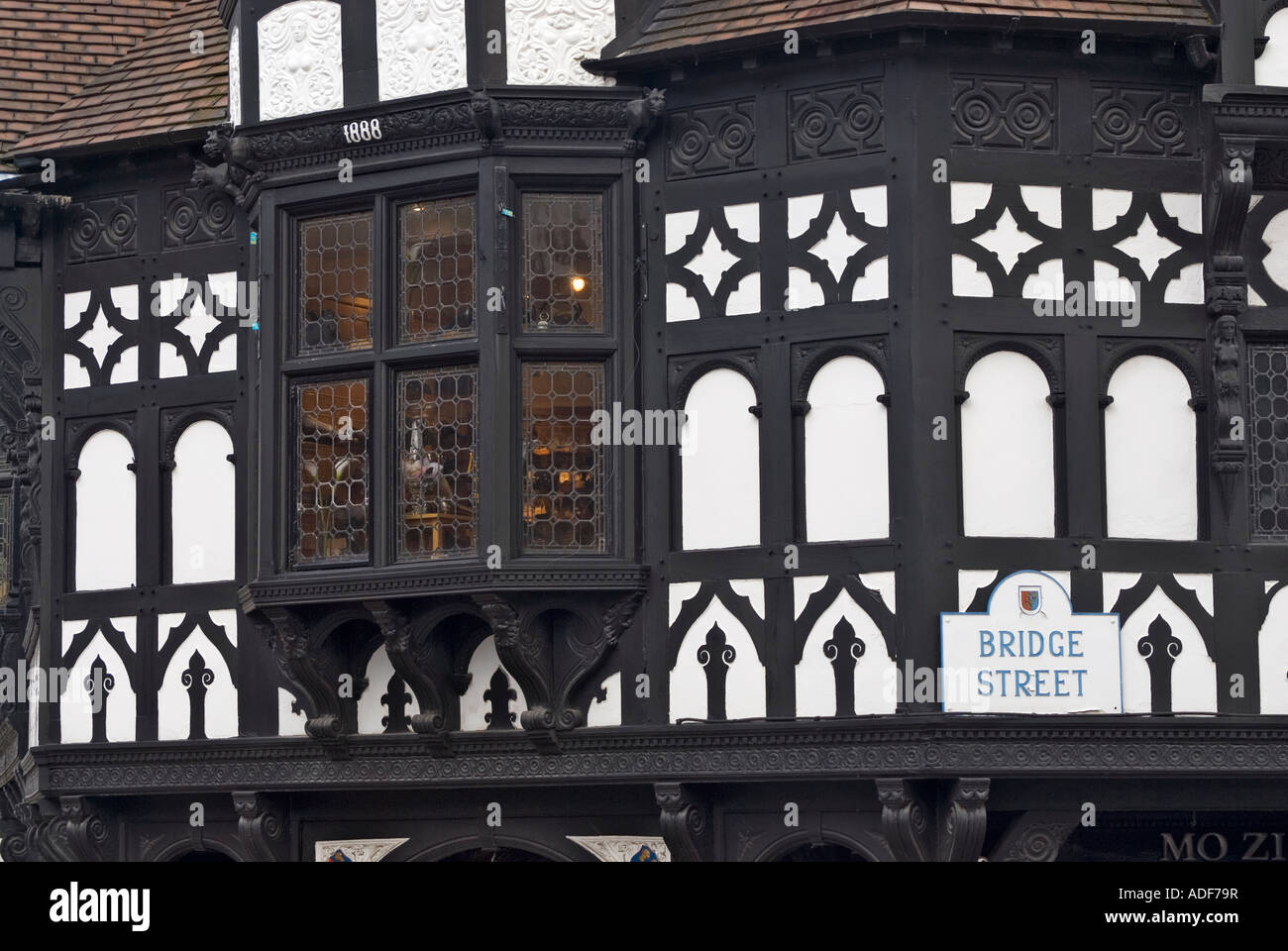 Half timbered Tudor facade on buildings at High Cross in the historic ...
