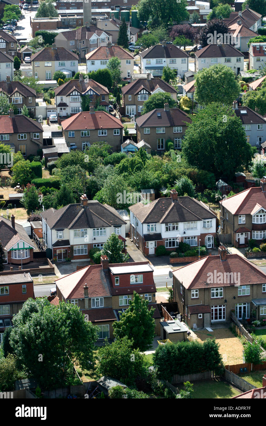 Aerial View of street with 1930 s semi detached housing in Suburb of ...