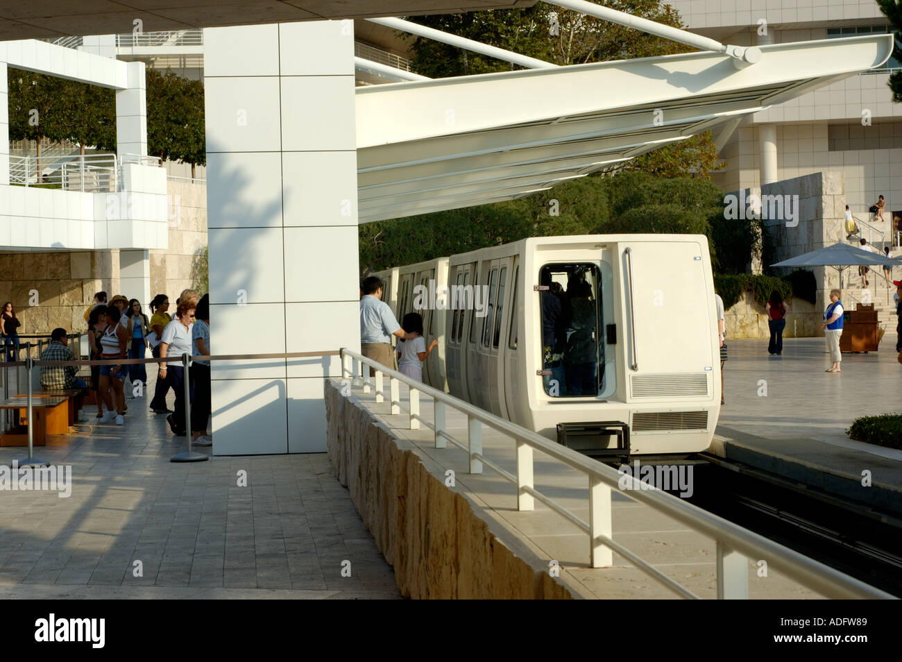 The Getty Center Visitors boarding the tram at the station Stock Photo ...