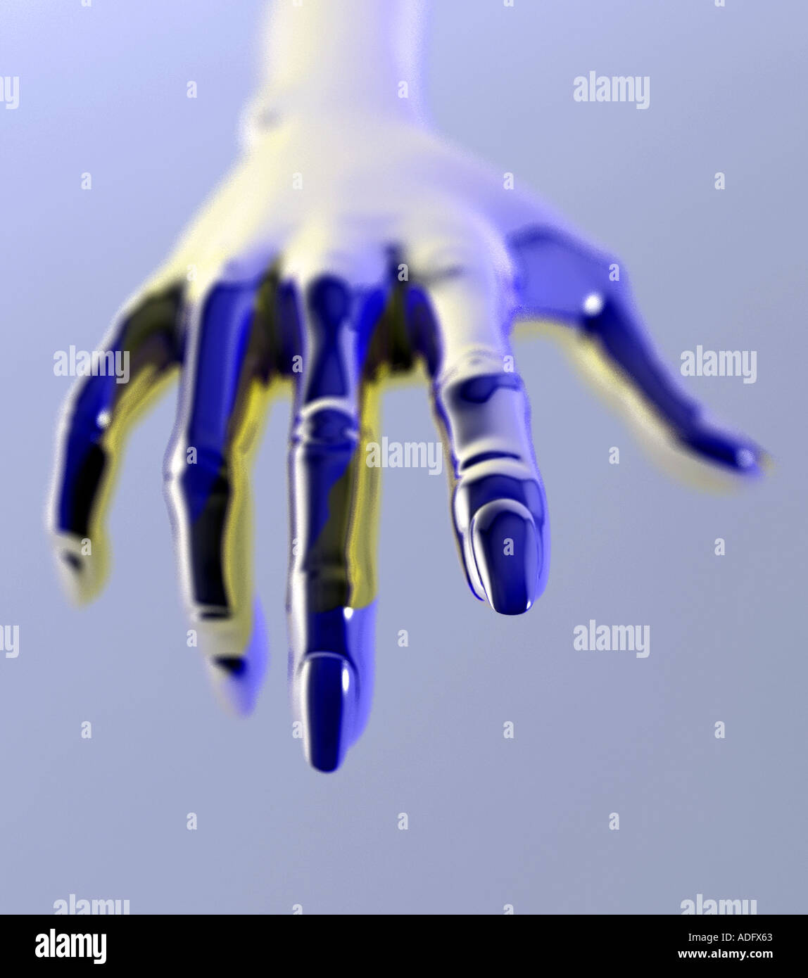 a crome or robotic hand reaching towards the camera computer ...