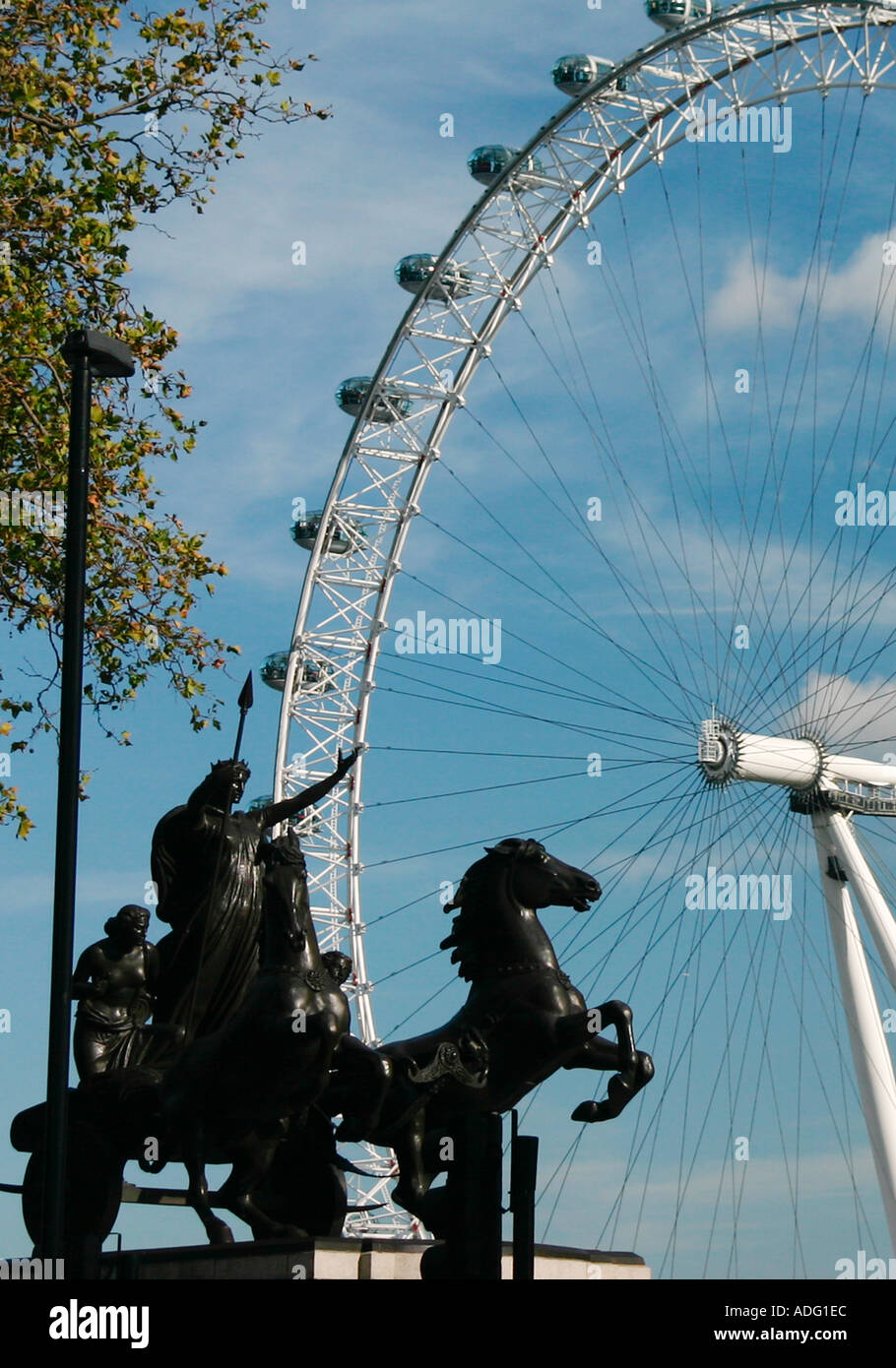 statue of horse and chariot in front of London Eye London England Stock ...