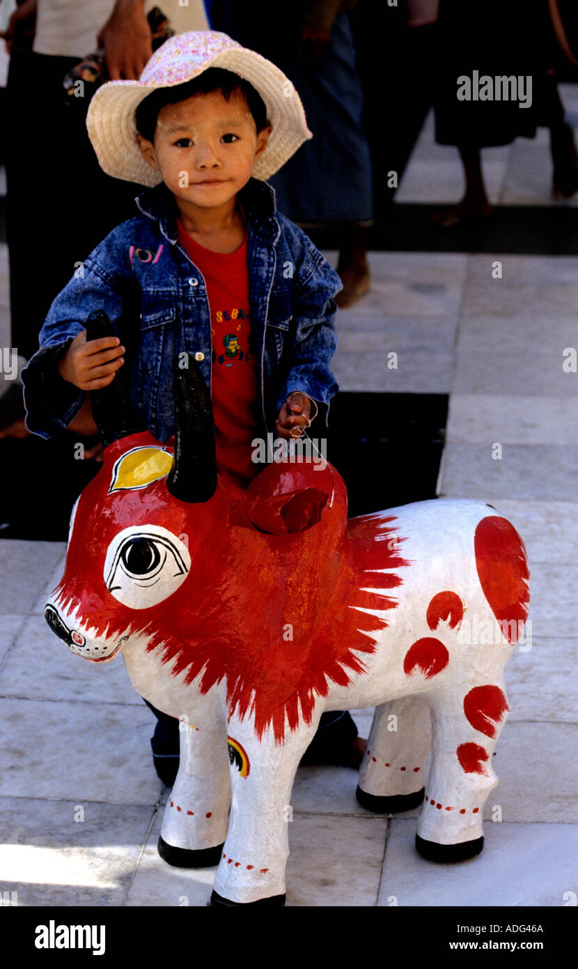 Young boy with papier mache bull as offering at Shwedagon temple Yangon ...
