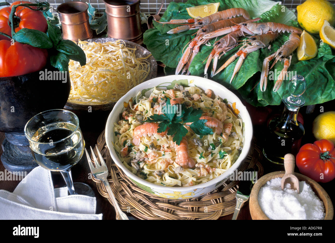 Taglierini pasta with prawns Italy Stock Photo - Alamy