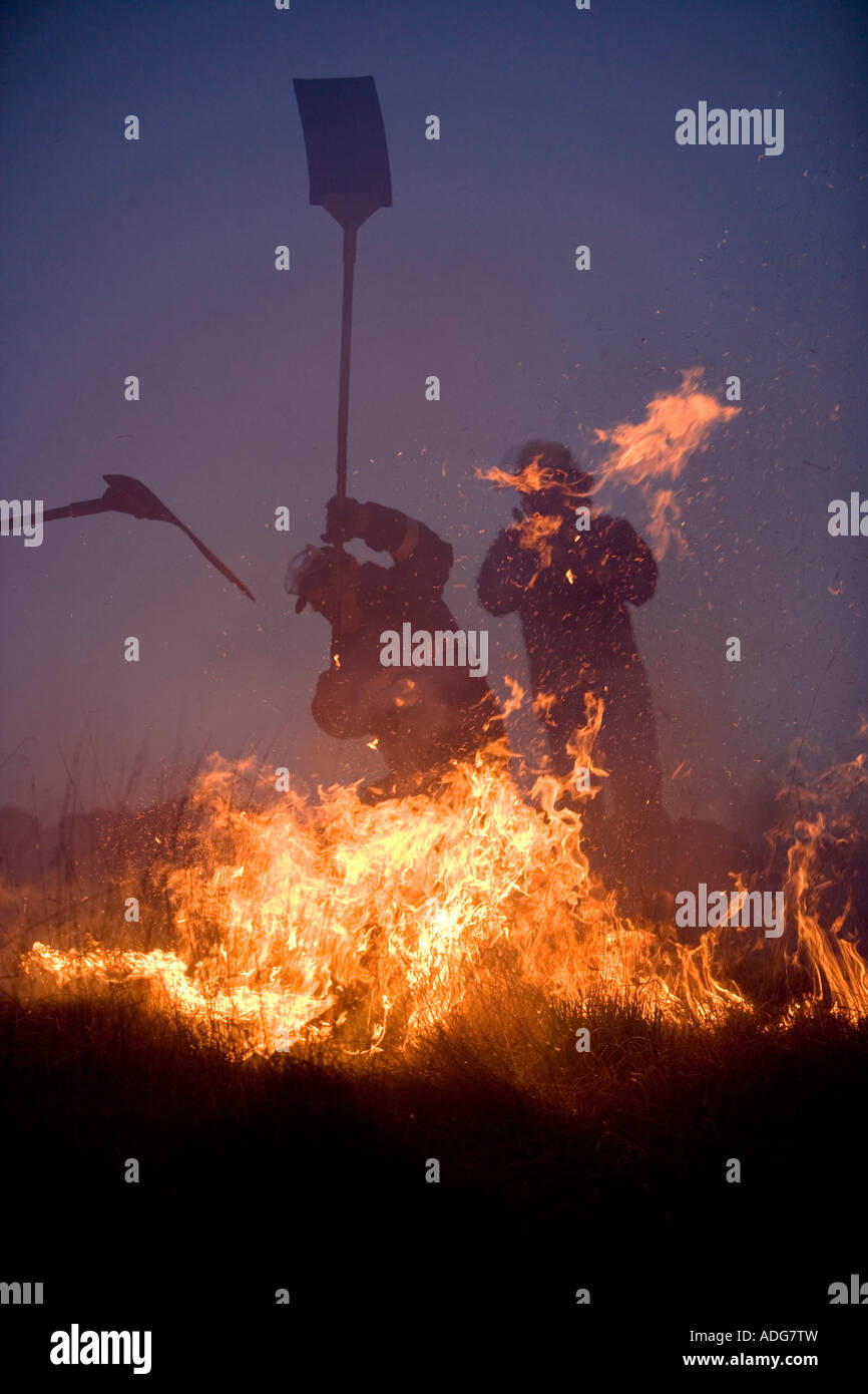 firemen beating out a grass fire on Lancashire moorlands Stock Photo ...