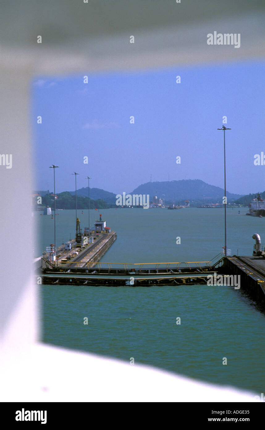 Lock Gates on Panama Canal from ship s bow Stock Photo - Alamy