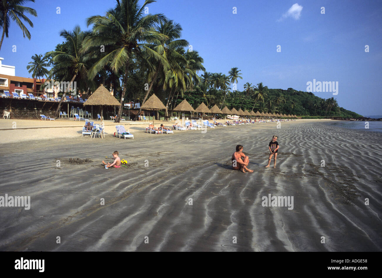 Holiday beach in Goa Southern India with sun umbrellas offering shade ...