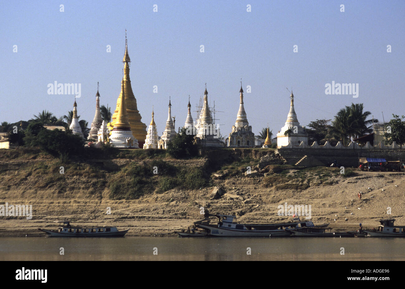 Coastline along the Irrawaddy river bank Burma Myanmar with Pagoda ...