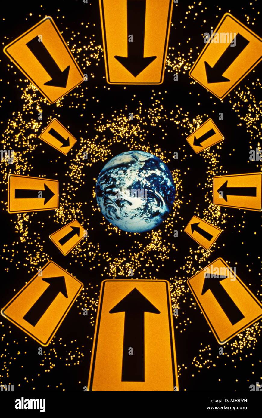 Earth with direction arrows futuristic Stock Photo - Alamy