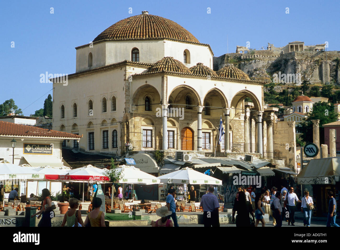 Greece Athens Monastiraki Square former mosque cafes people Acropolis ...