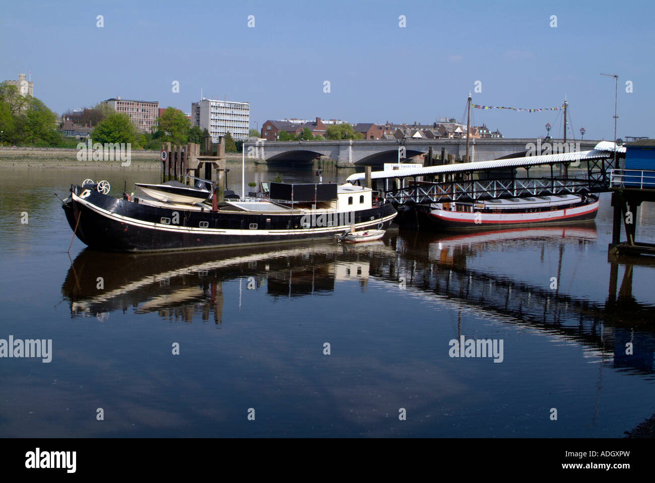 floating barge moored near Putney Bridge London UK Stock Photo - Alamy