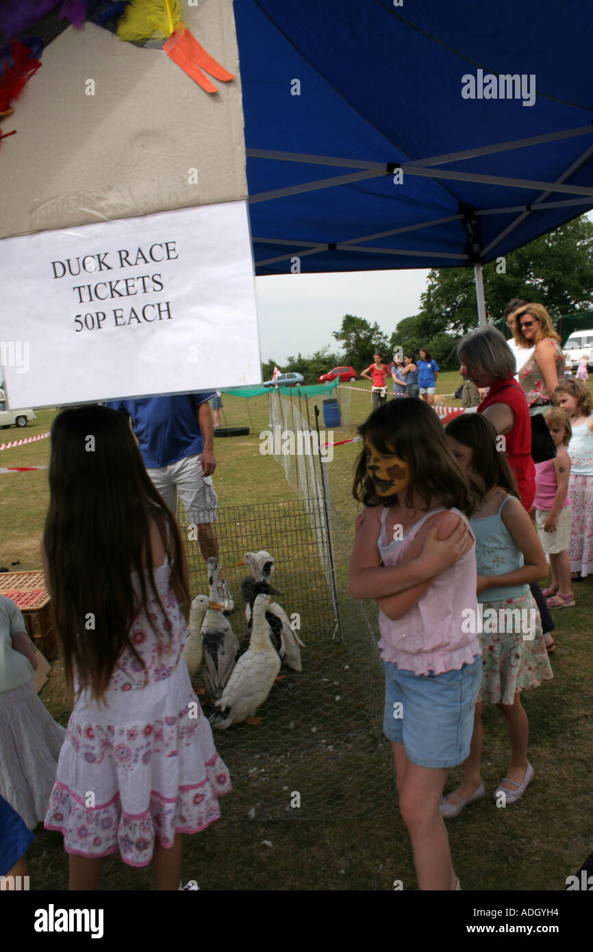 Duck racing at a garden fete in a village in the new Forest Hampshire ...