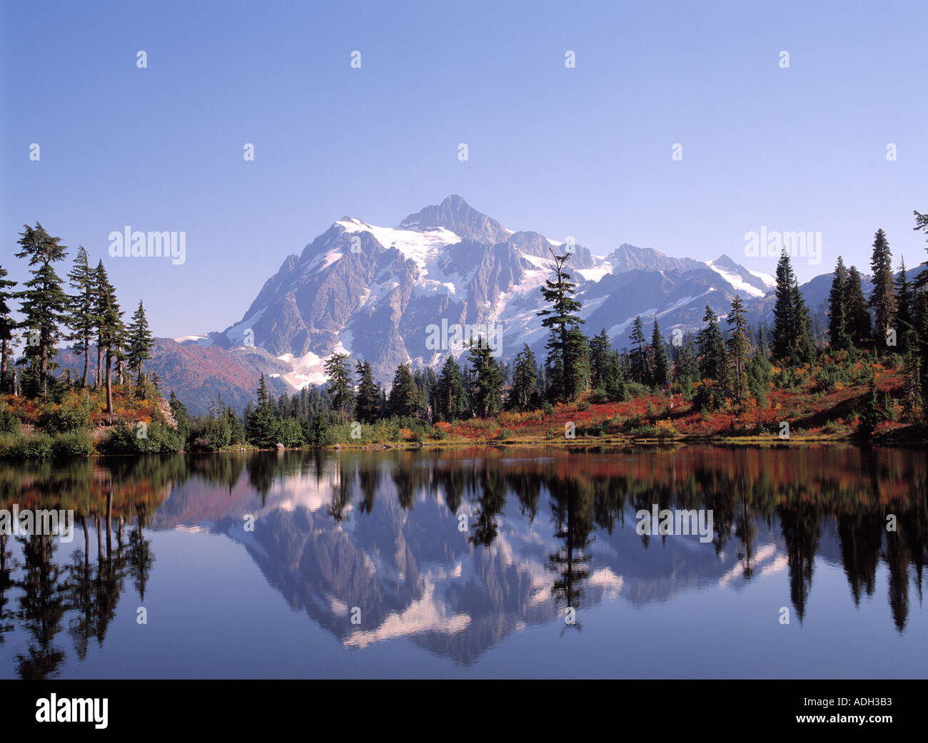 Mt Shuksan reflecting in Picture Lake in 'Heather Meadows', Mount Baker ...