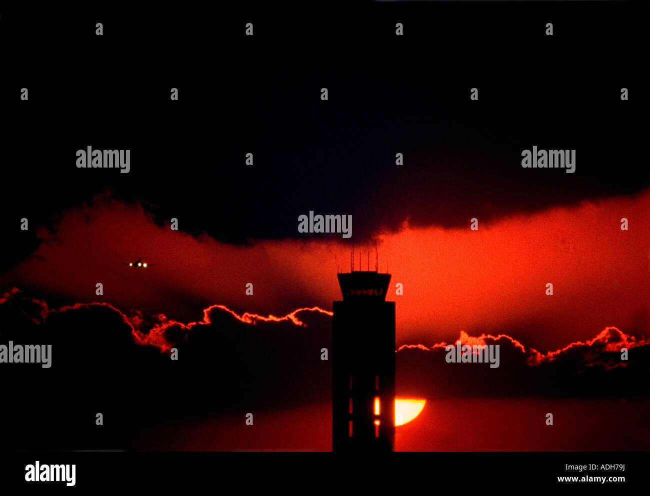 Commercial Airliner landing,control tower Miami International Airport ...
