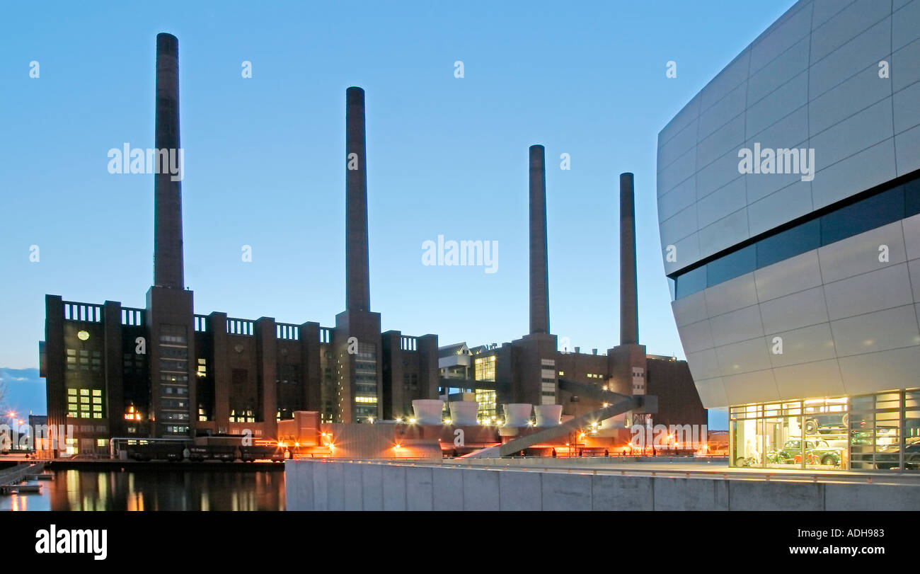 Germany Hannover Volkswagen AG twighlight car city Autostadt chimneys ...