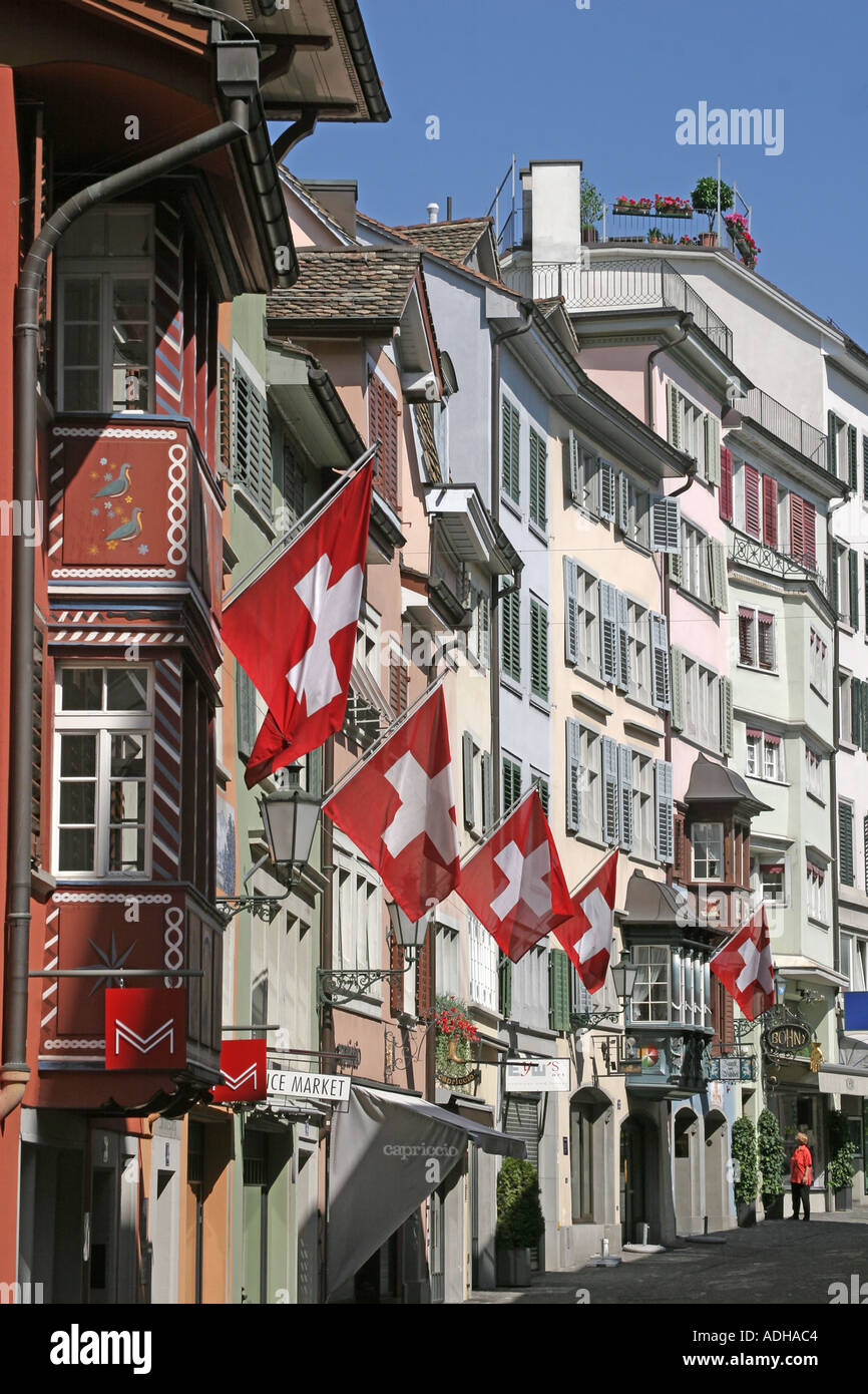 Switzerland Zurich old city center Augustinergasse 1 august swiss flags ...