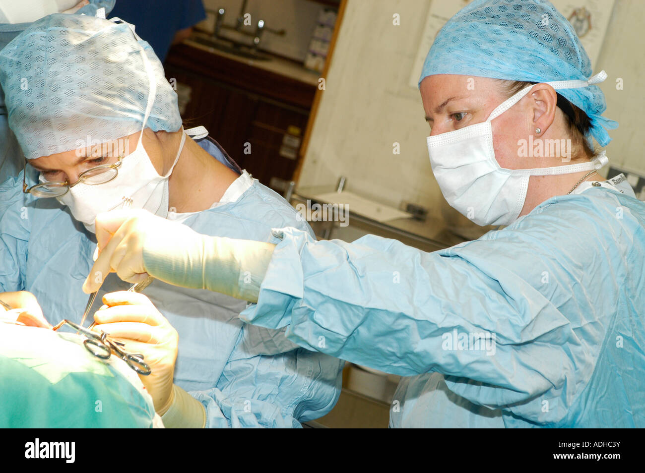 A surgical team use micro techniques to operate on a patients inner ear ...