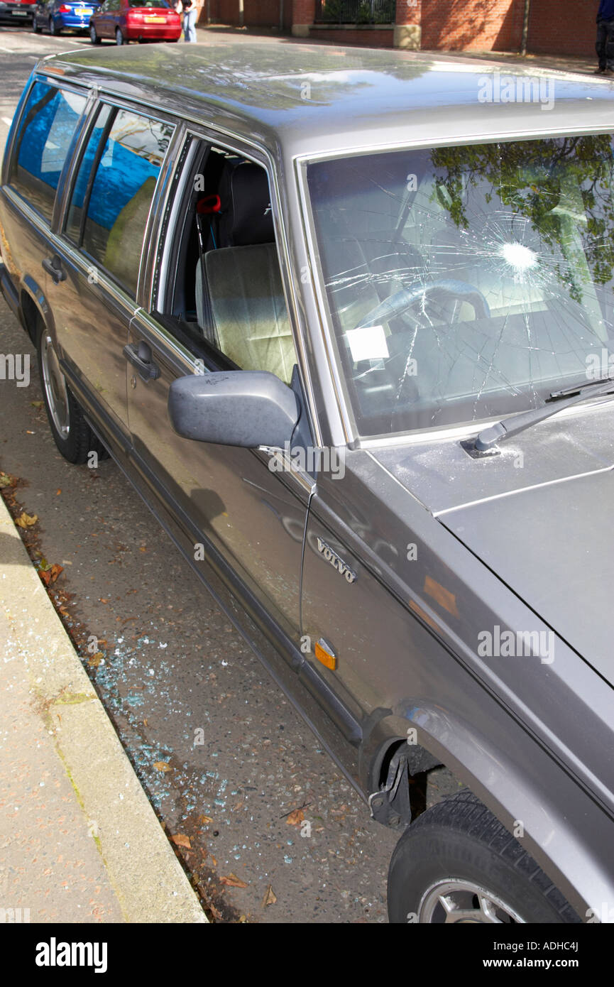 volvo car with smashed windscreen and smashed drivers door window ...