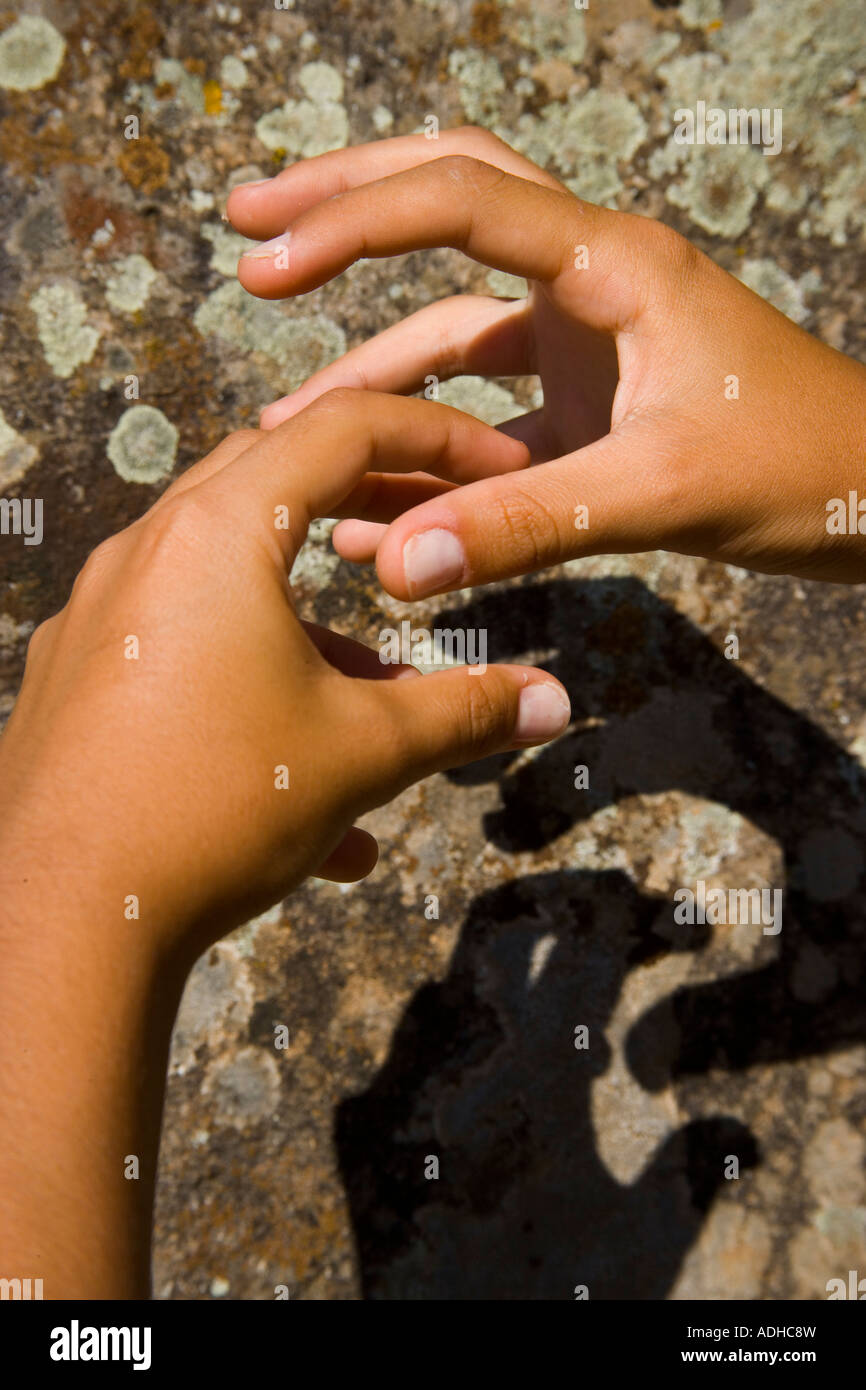 Female hands casting shadow over mold stained stone Stock Photo - Alamy