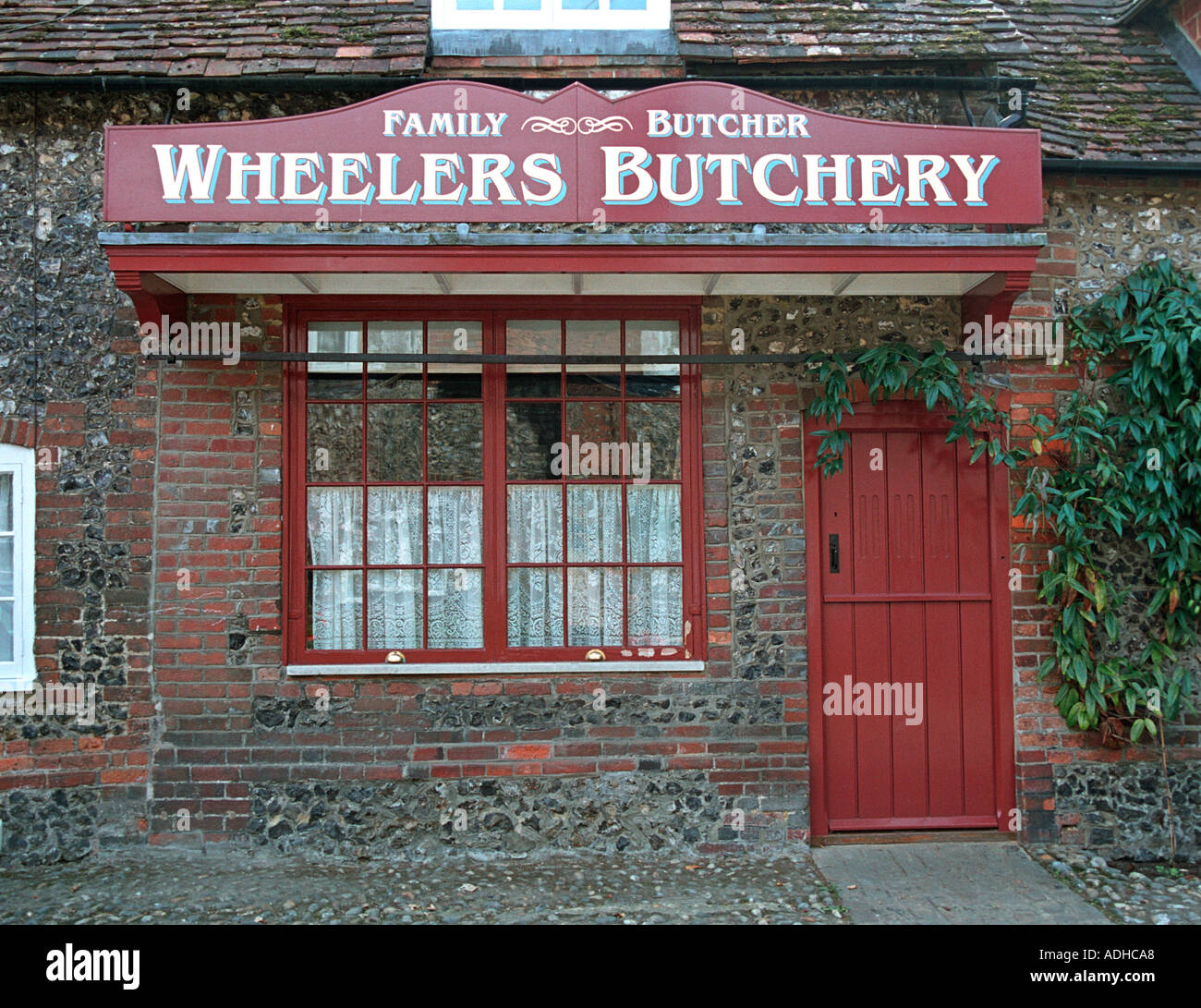Local butcher in an English village scene of many films and TV shows ...