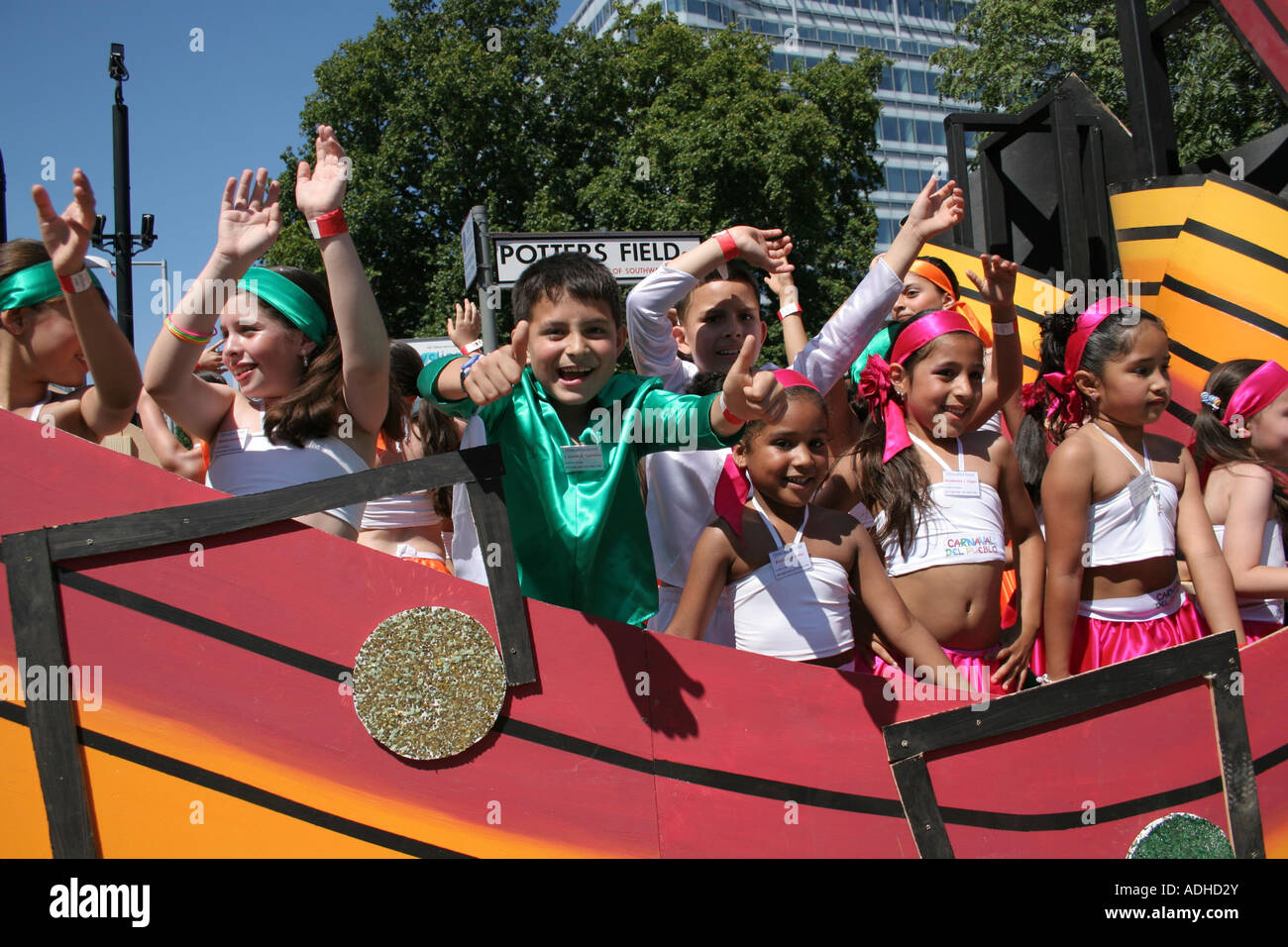 Children having fun on a float at the Carnaval Del Pueblo London Stock ...