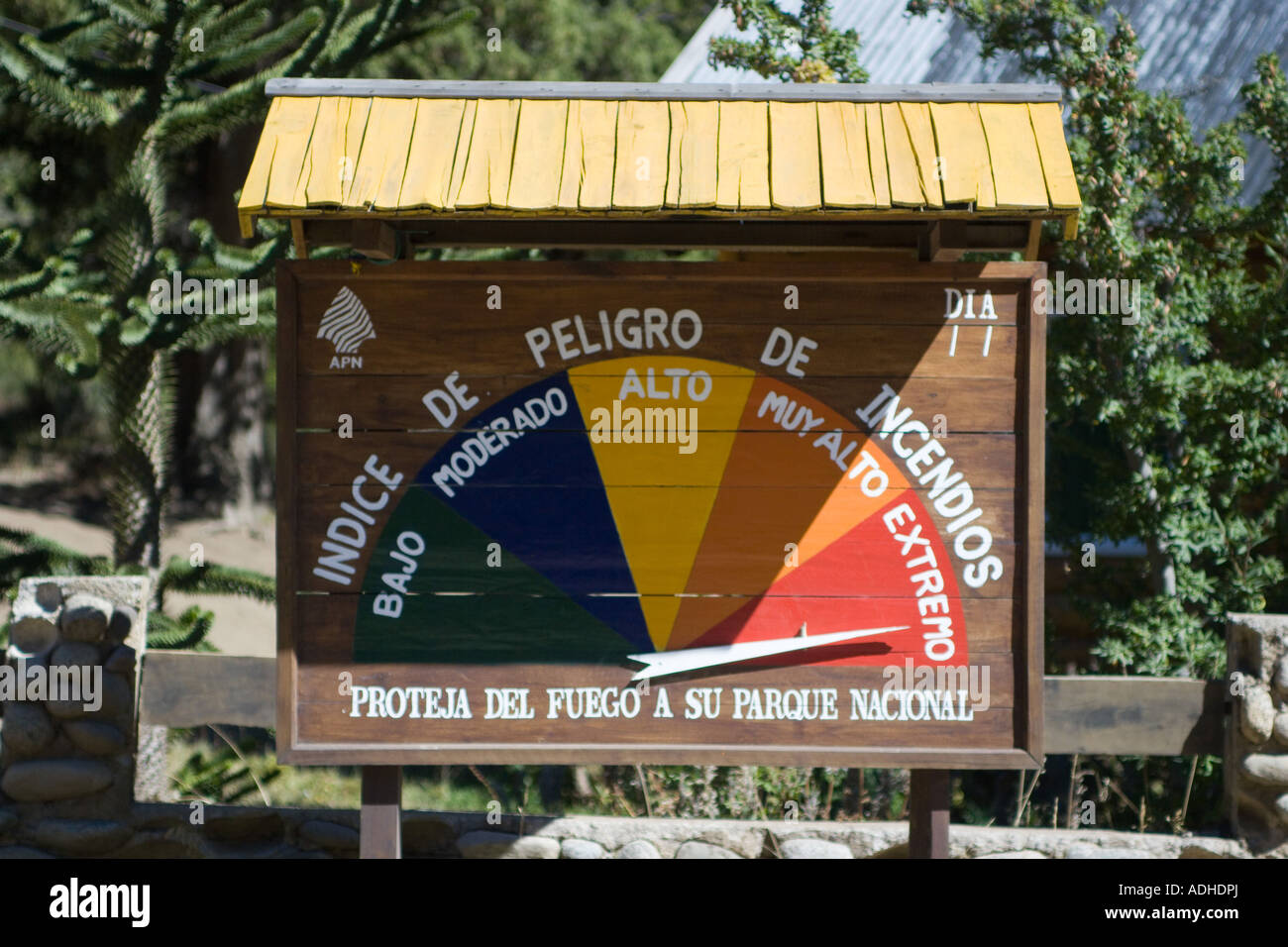 Fire hazard dial indicator near Meliquina River, at Patagonia Argentina ...