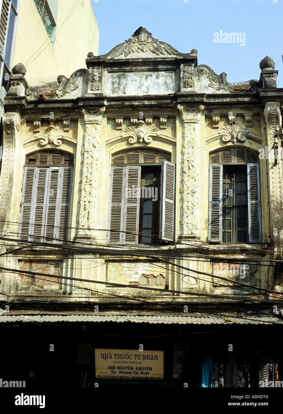 Old French colonial style gabled building façade in Nguyen Khuyen St ...