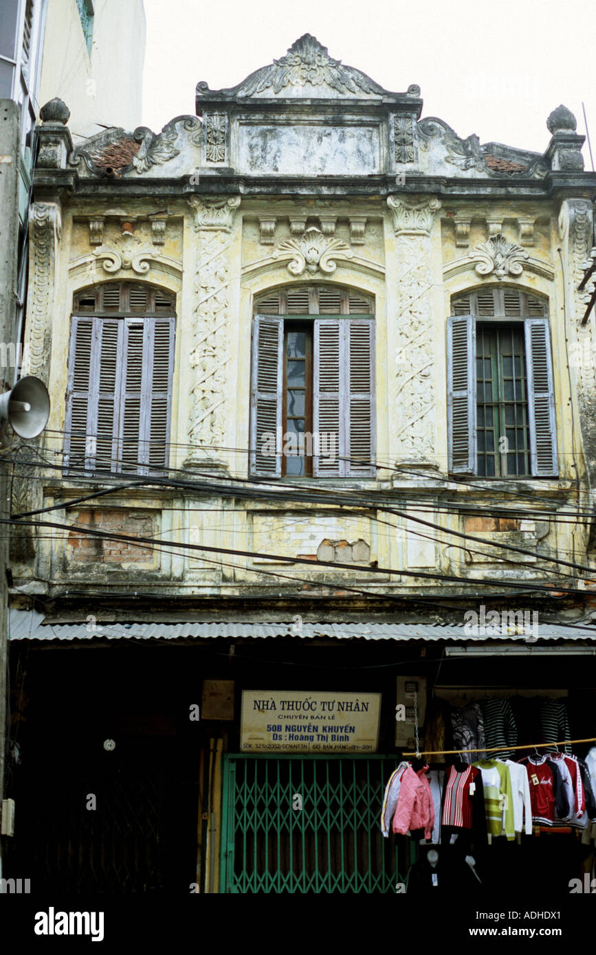 Old French colonial style gabled building façade in Nguyen Khuyen St ...