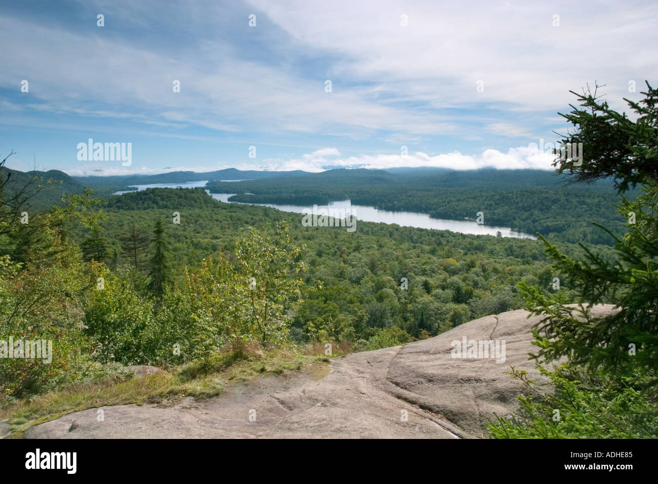 Fulton Chain lakes from Rondaxe Bald Mountain in the Old Forge area of ...