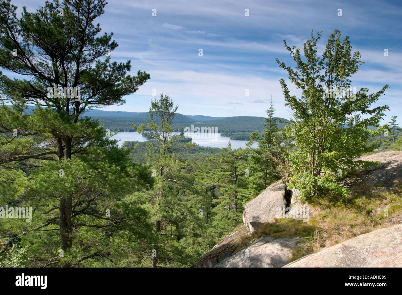 Fulton Chain lakes from Rondaxe Bald Mountain in the Old Forge area of ...